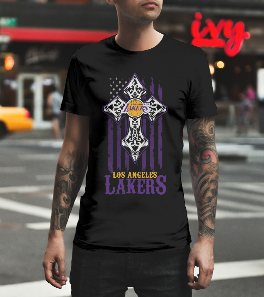 Los Angeles Lakers American Flag Purple Cross T-Shirt