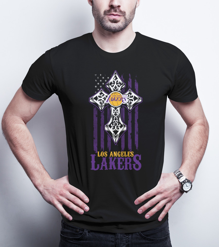 Los Angeles Lakers American Flag Purple Cross T-Shirt