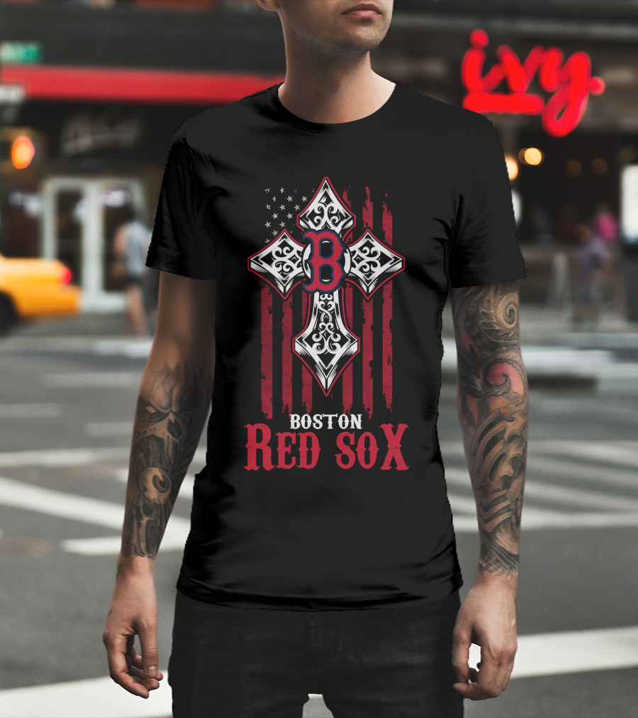 Boston Red Sox Patriotic Cross Stars And Stripes Motif T-Shirt