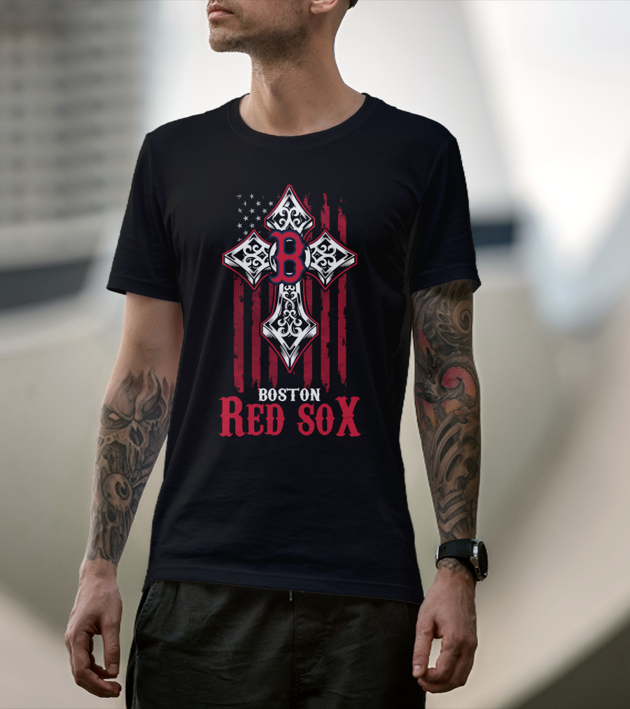 Boston Red Sox Patriotic Cross Stars And Stripes Motif T-Shirt