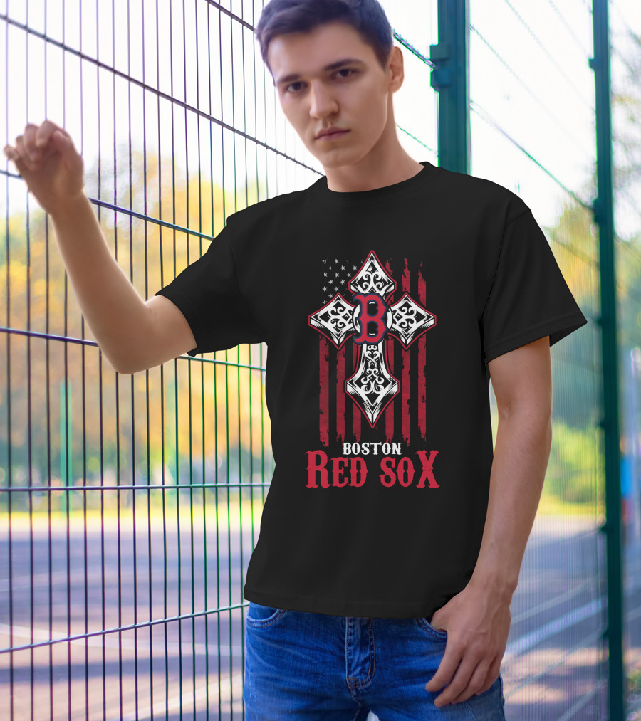 Boston Red Sox Patriotic Cross Stars And Stripes Motif T-Shirt