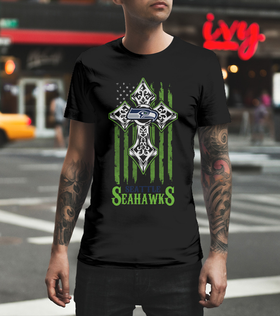 Seattle Seahawks Cross With American Flag Elements T-Shirt