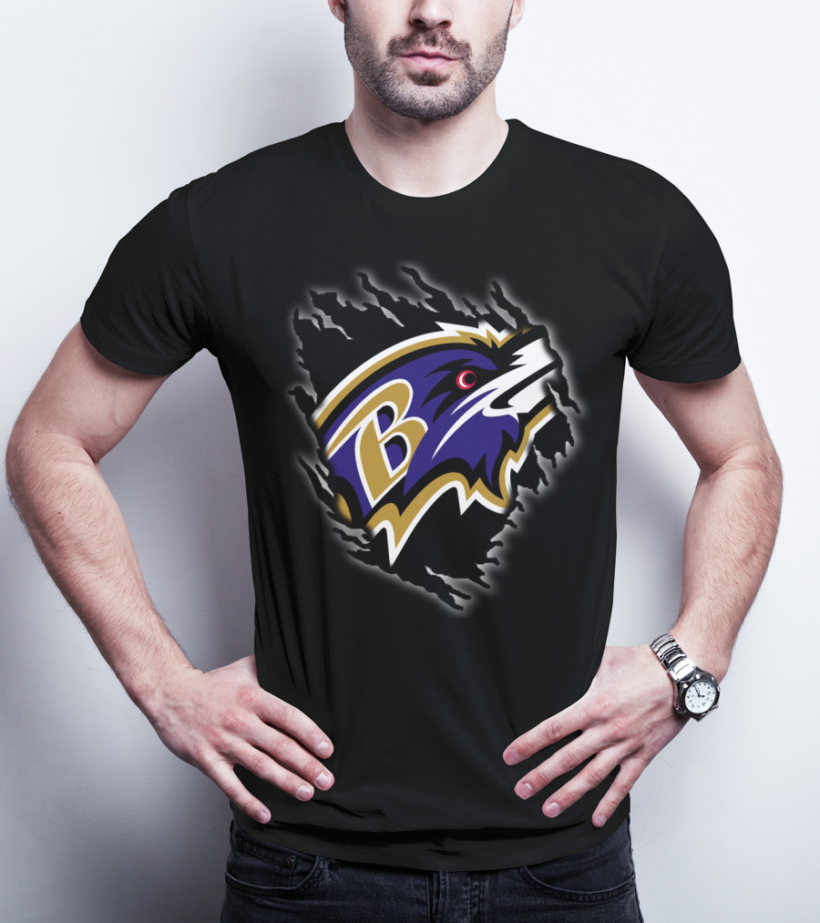 Baltimore Ravens Nfl Team Logo With Claw Marks On Dark T-Shirt