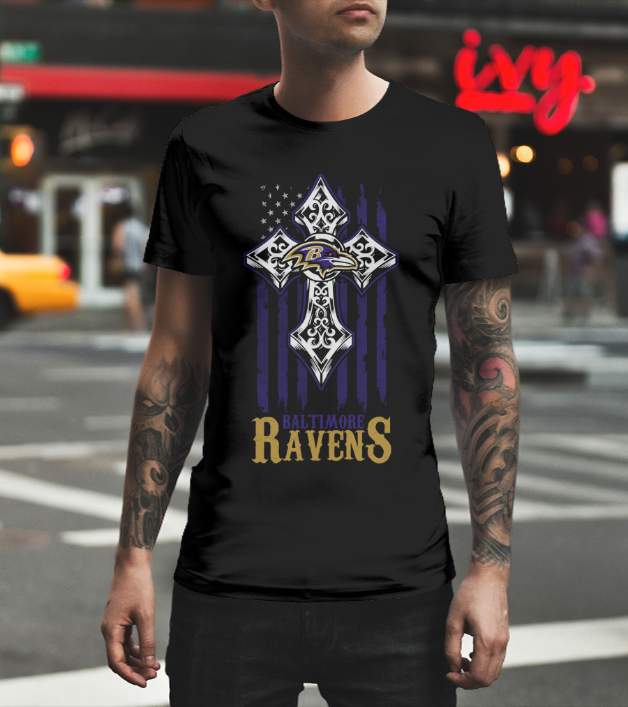 Baltimore Ravens Cross American Flag T-Shirt