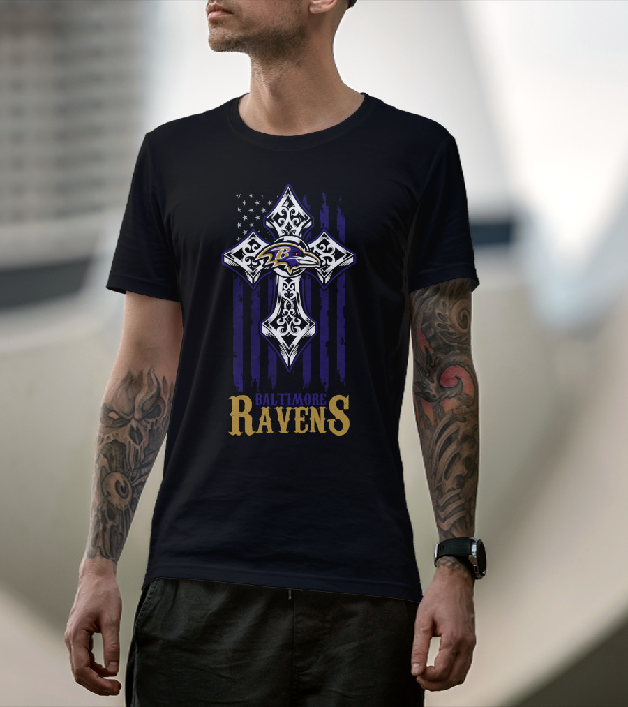 Baltimore Ravens Cross American Flag T-Shirt