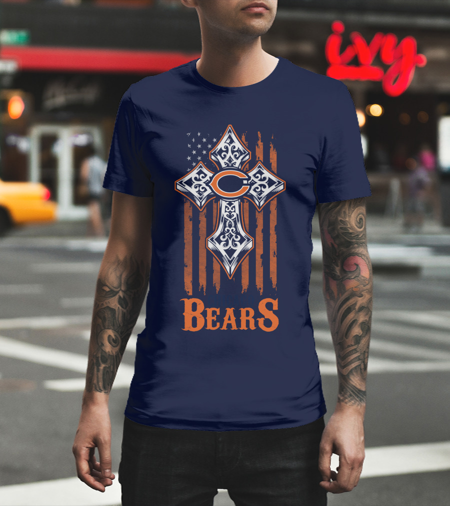 Chicago Bears Cross With American Flag Stripes T-Shirt