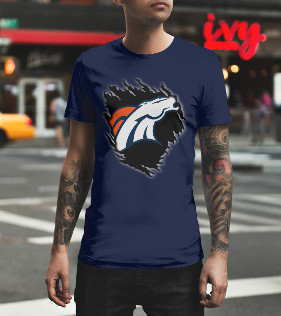 Denver Broncos Ripped Torn Logo Peeling Illusion Dark Blue T-Shirt