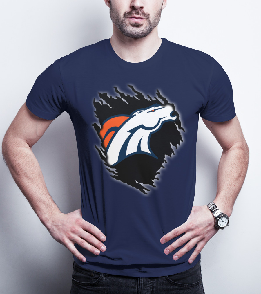 Denver Broncos Ripped Torn Logo Peeling Illusion Dark Blue T-Shirt