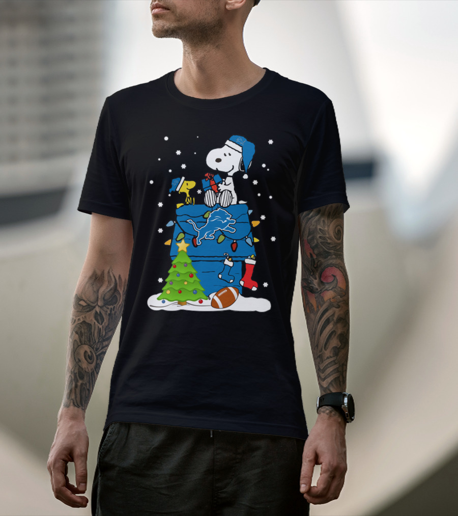 Detroit Lions Snoopy Christmas Football House With Tree And Stockings T-Shirt