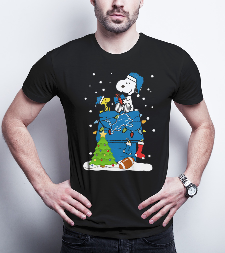 Detroit Lions Snoopy Christmas Football House With Tree And Stockings T-Shirt