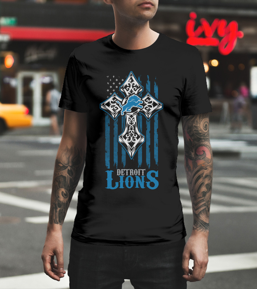 Detroit Lions Cross And Flag Design With Blue Lion T-Shirt