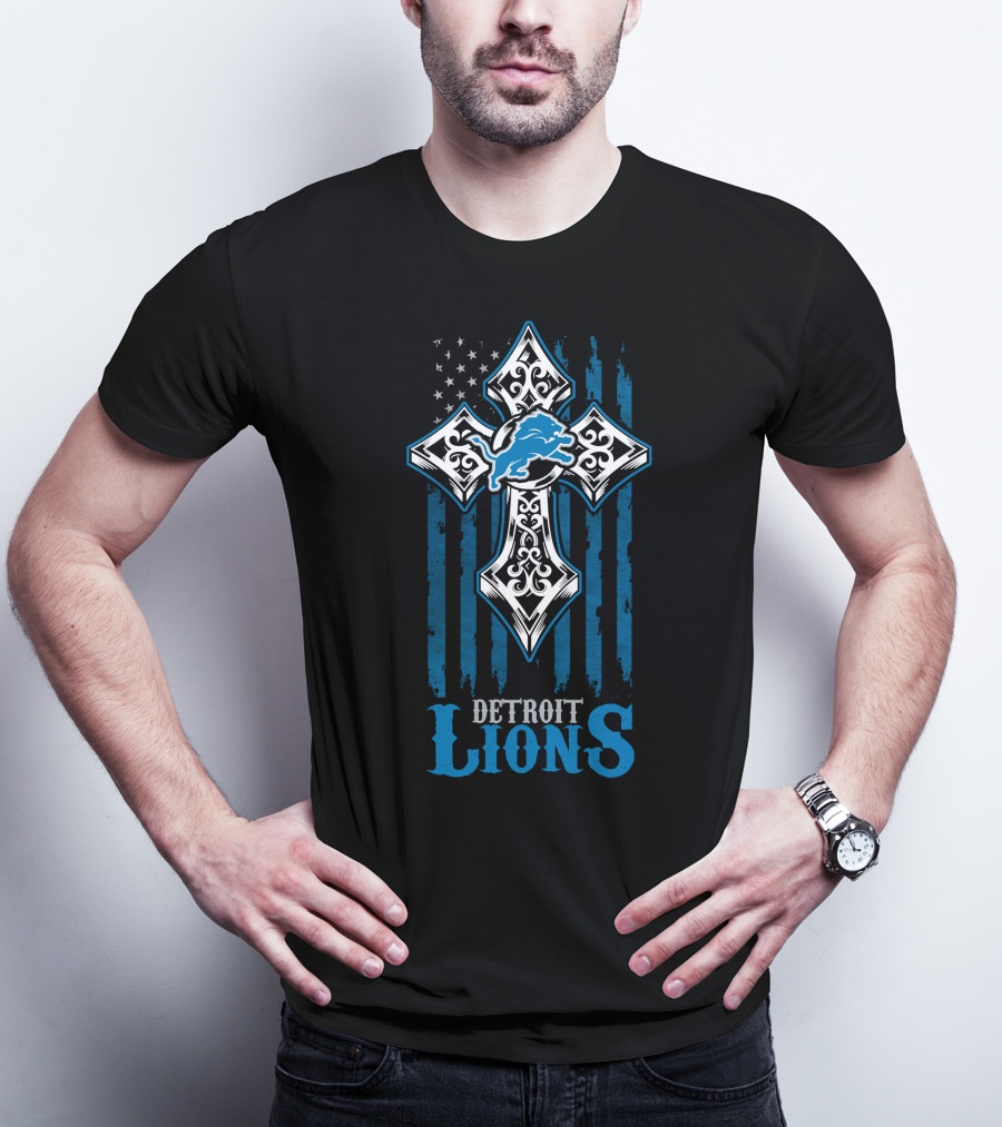 Detroit Lions Cross And Flag Design With Blue Lion T-Shirt