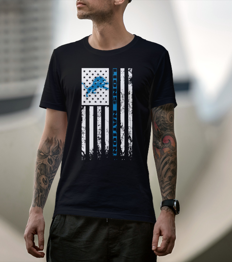 Detroit Lions Nation Flag Design With Blue Lion And Stars T-Shirt
