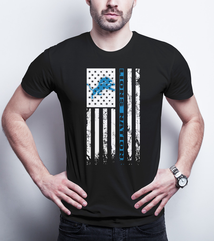 Detroit Lions Nation Flag Design With Blue Lion And Stars T-Shirt