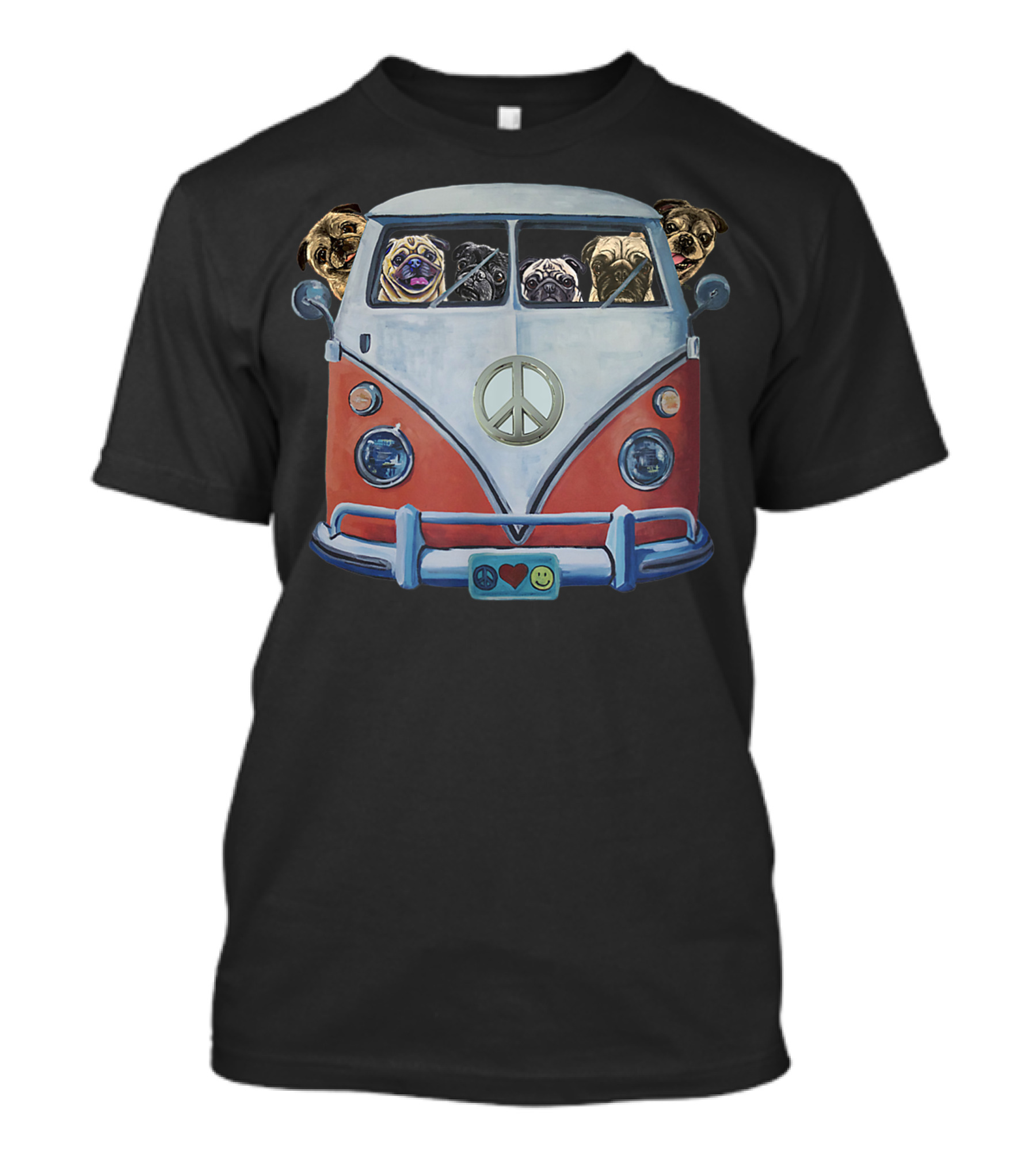 Pug Faces In Iconic Hippie Van With Peace Symbol And Love Smile Elements T-Shirt