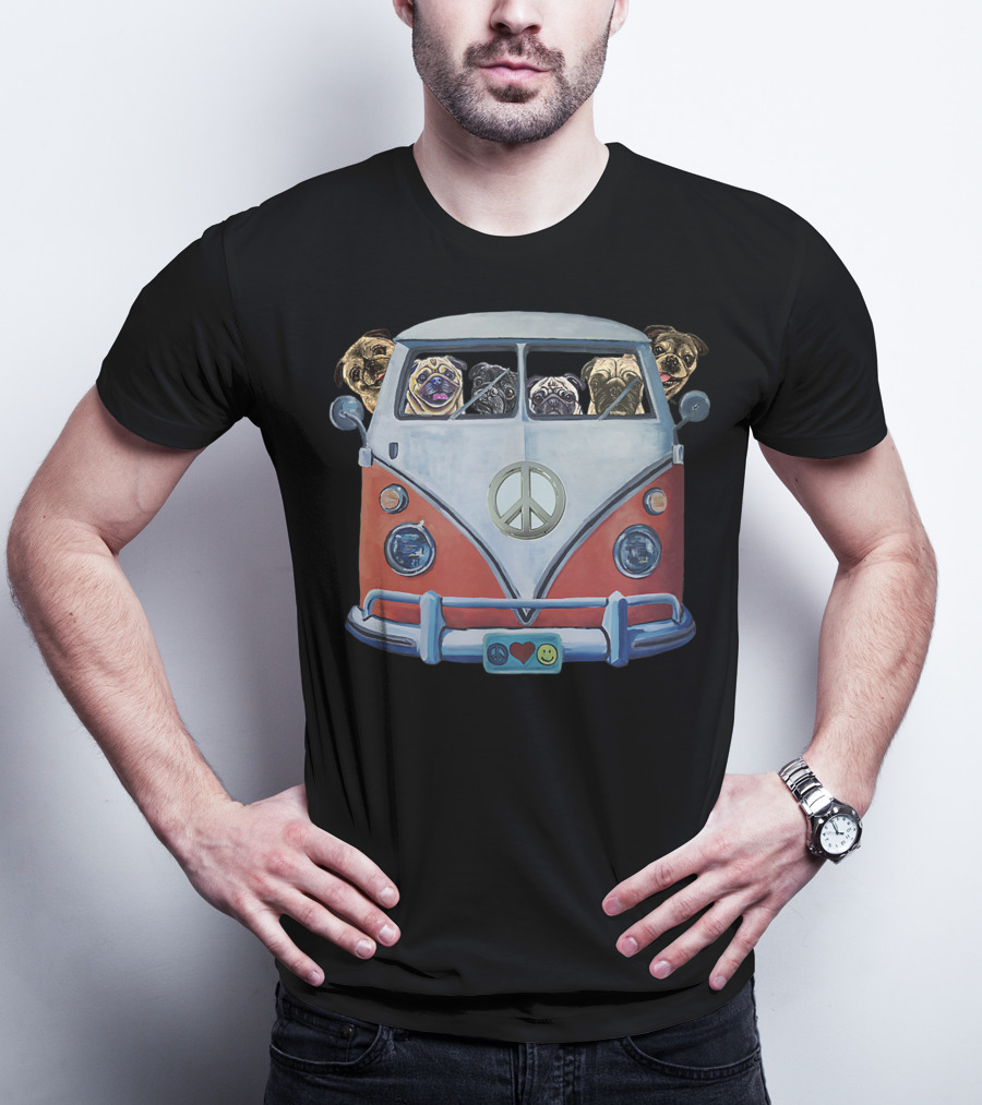 Pug Faces In Iconic Hippie Van With Peace Symbol And Love Smile Elements T-Shirt