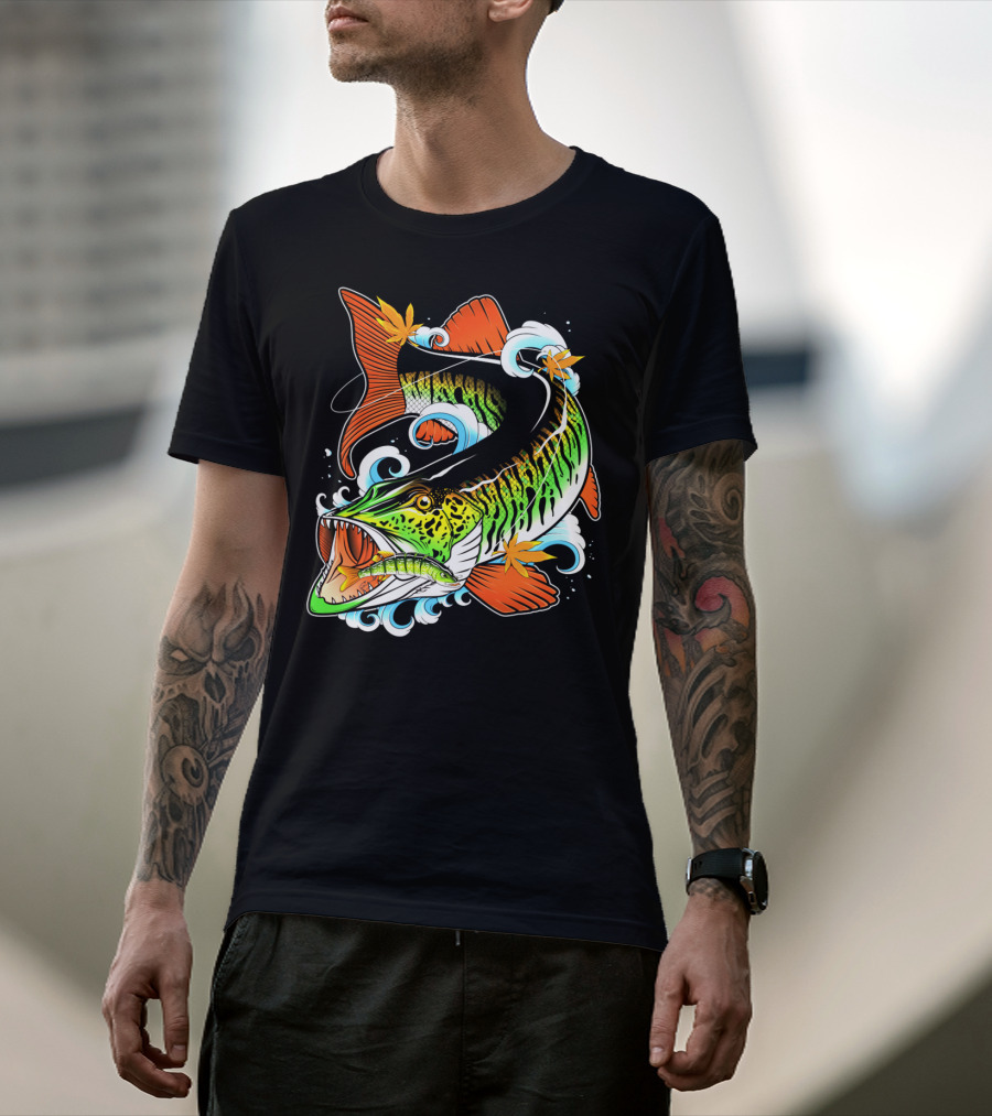 Angry Musky Fishing Splashing Leaves Dynamic T-Shirt