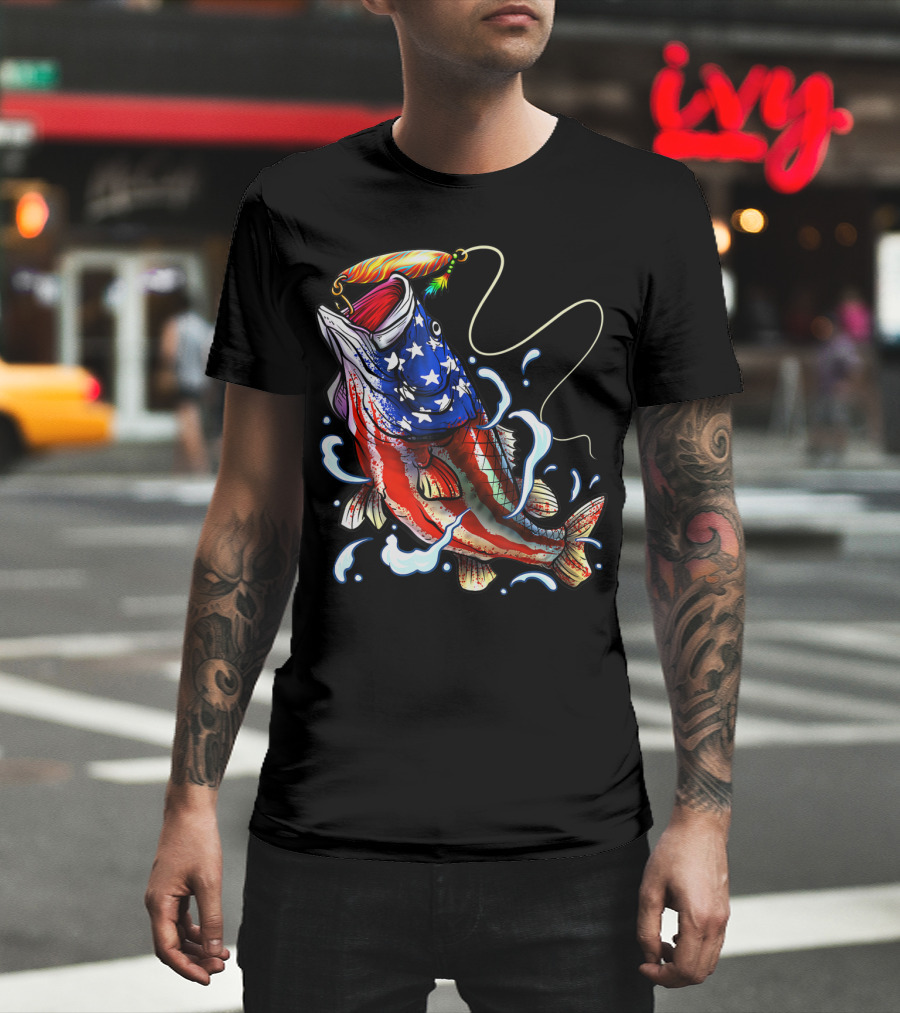Bass Fishing Angler Dad With American Flag T-Shirt
