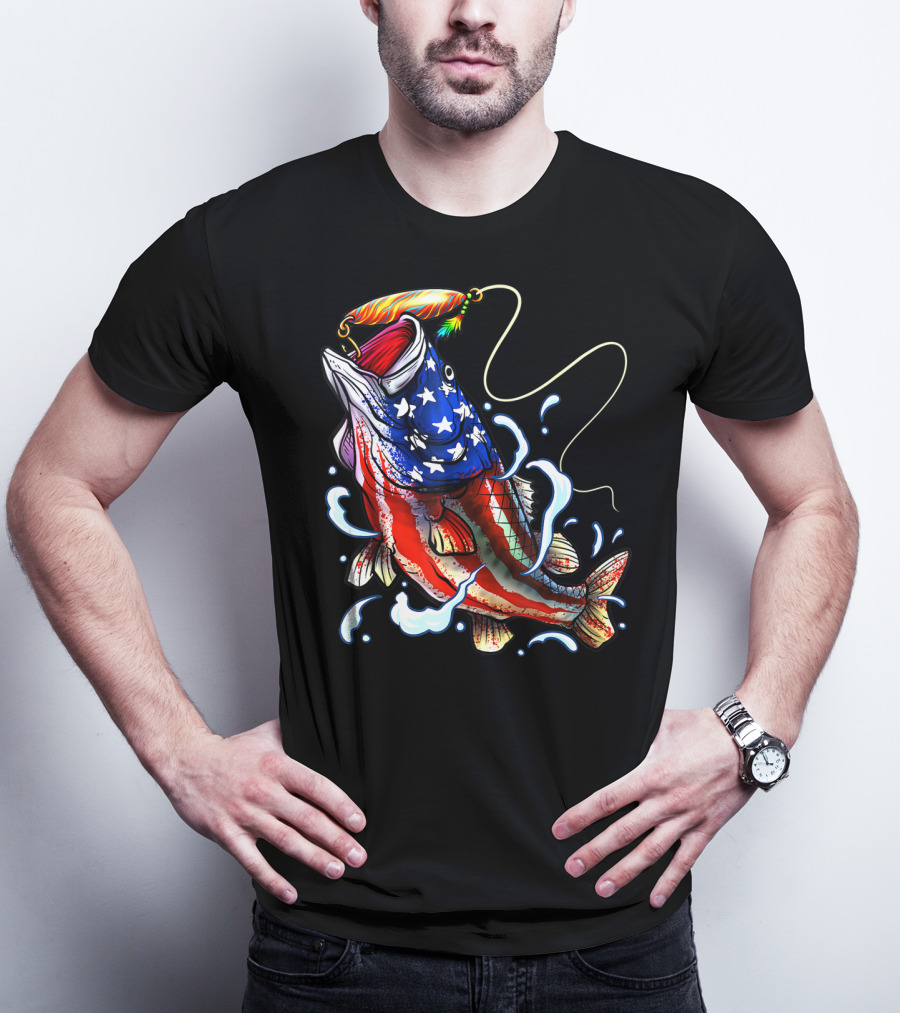 Bass Fishing Angler Dad With American Flag T-Shirt