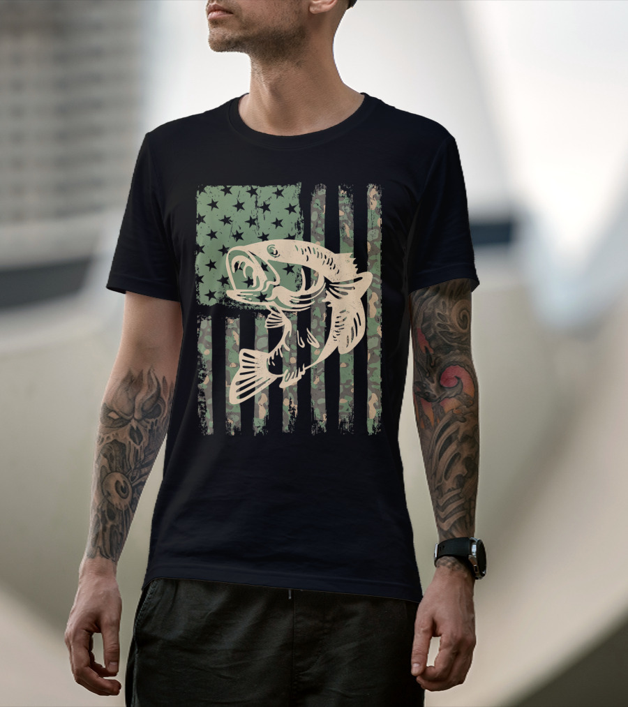 Camouflage USA Flag Big Mouth Bass Fishing T-Shirt
