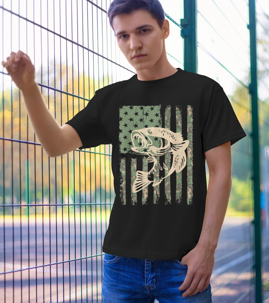 Camouflage USA Flag Big Mouth Bass Fishing T-Shirt