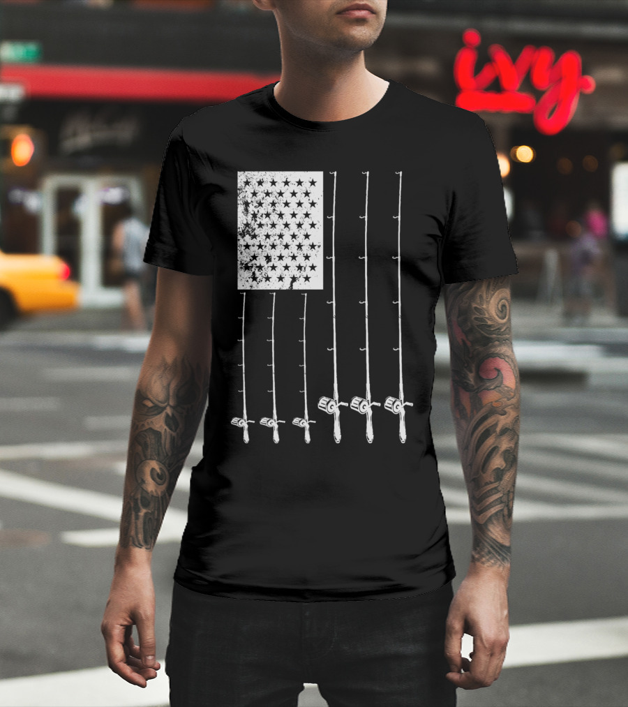 Fishing Rods American Flag Stars T-Shirt