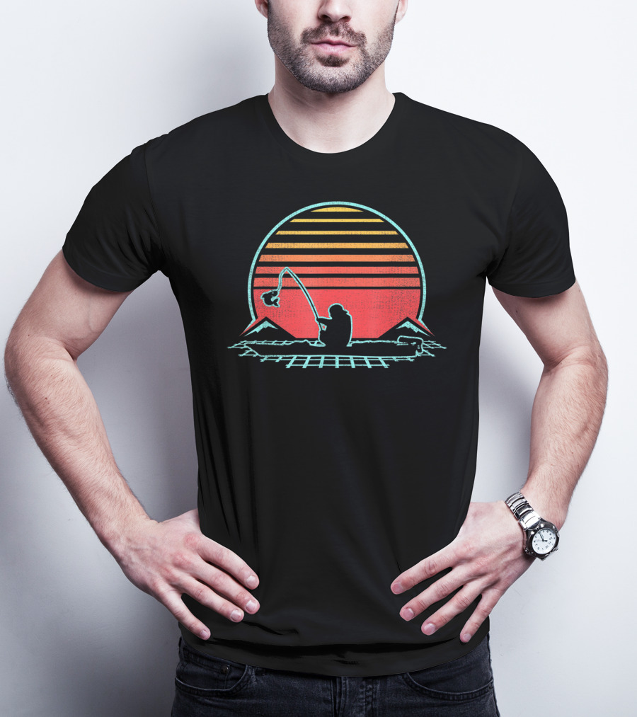 Vintage Fishing Sunset 70s 80s Style Retro Fisherman Scenic T-Shirt