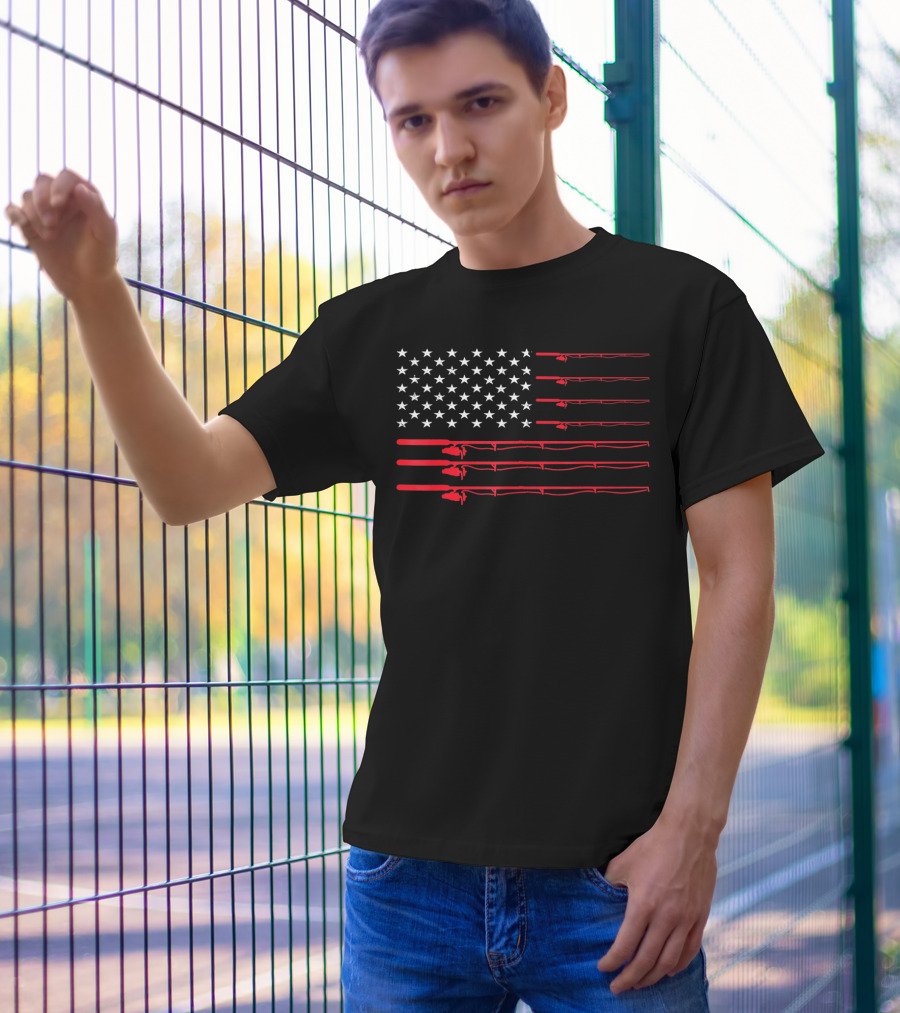 American USA Flag Fishing Rods Fisherman T-Shirt