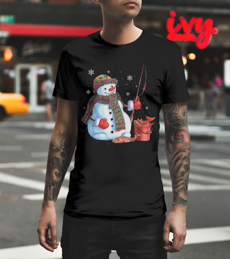 Merry Christmas Fishing Snowman With Fish And Snowflakes For Fishing Lovers T-Shirt