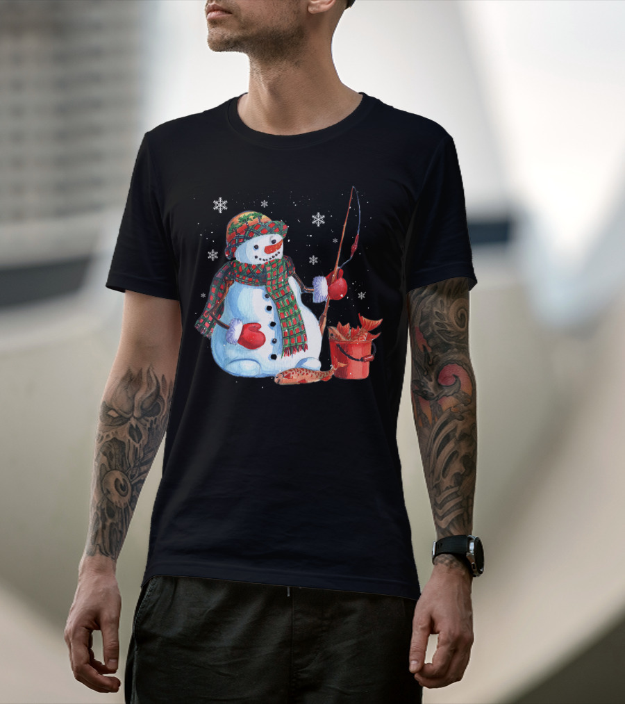 Merry Christmas Fishing Snowman With Fish And Snowflakes For Fishing Lovers T-Shirt