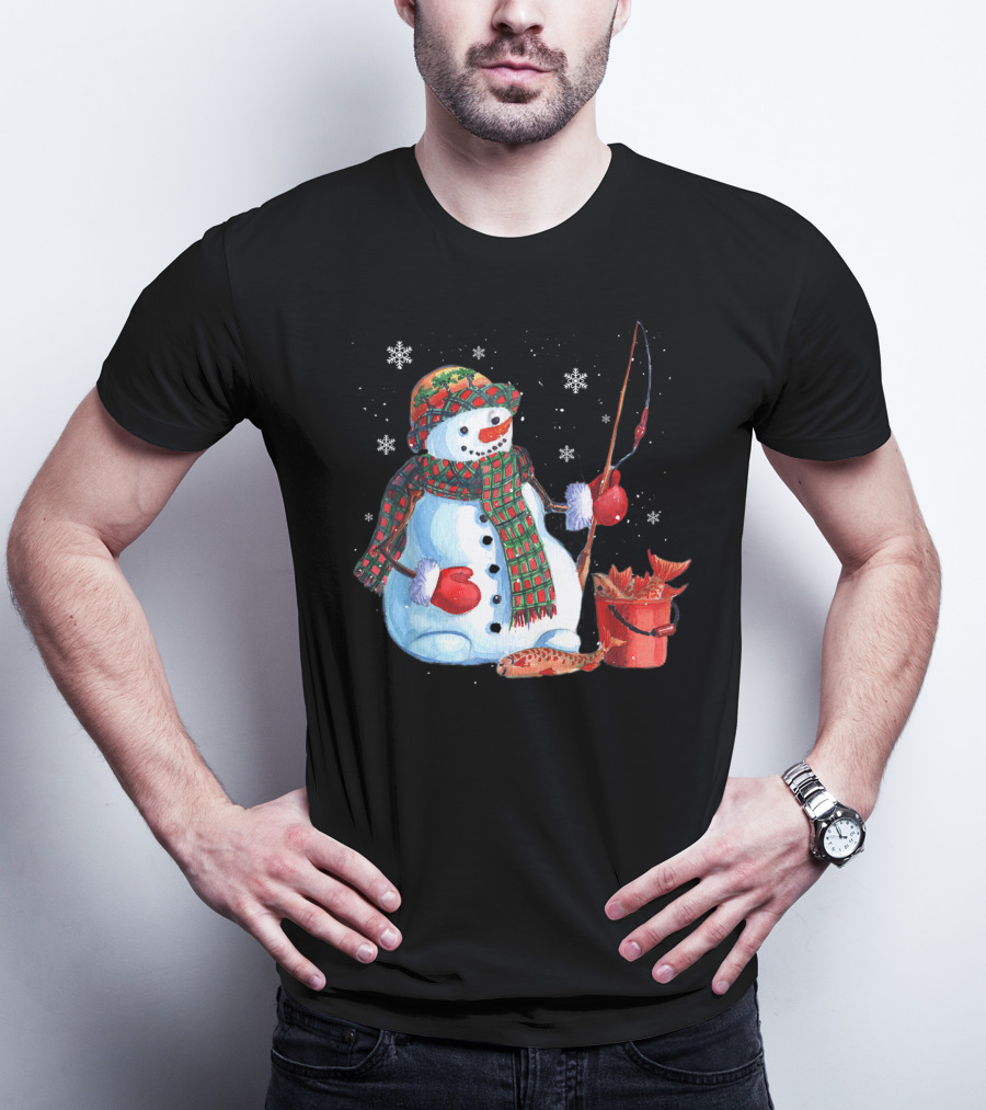 Merry Christmas Fishing Snowman With Fish And Snowflakes For Fishing Lovers T-Shirt