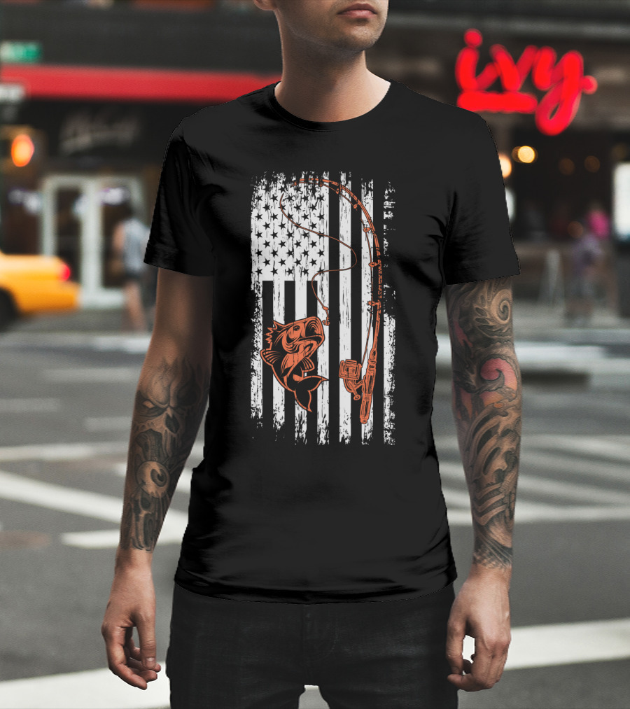 USA Fishing Flag Bass And Rod American Flag T-Shirt