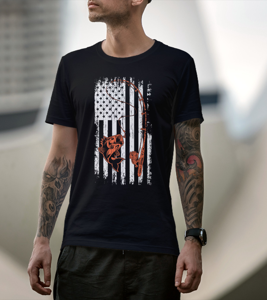 USA Fishing Flag Bass And Rod American Flag T-Shirt