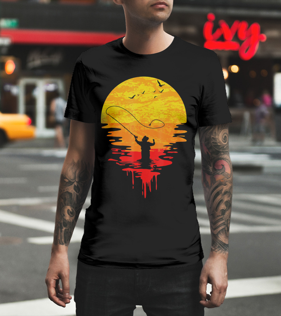 Fly Fishing At Sunset Vintage Style Silhouette With Birds T-Shirt