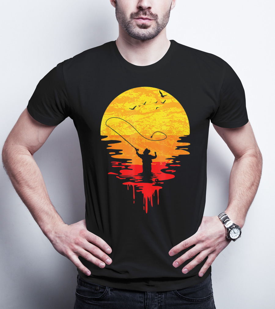 Fly Fishing At Sunset Vintage Style Silhouette With Birds T-Shirt