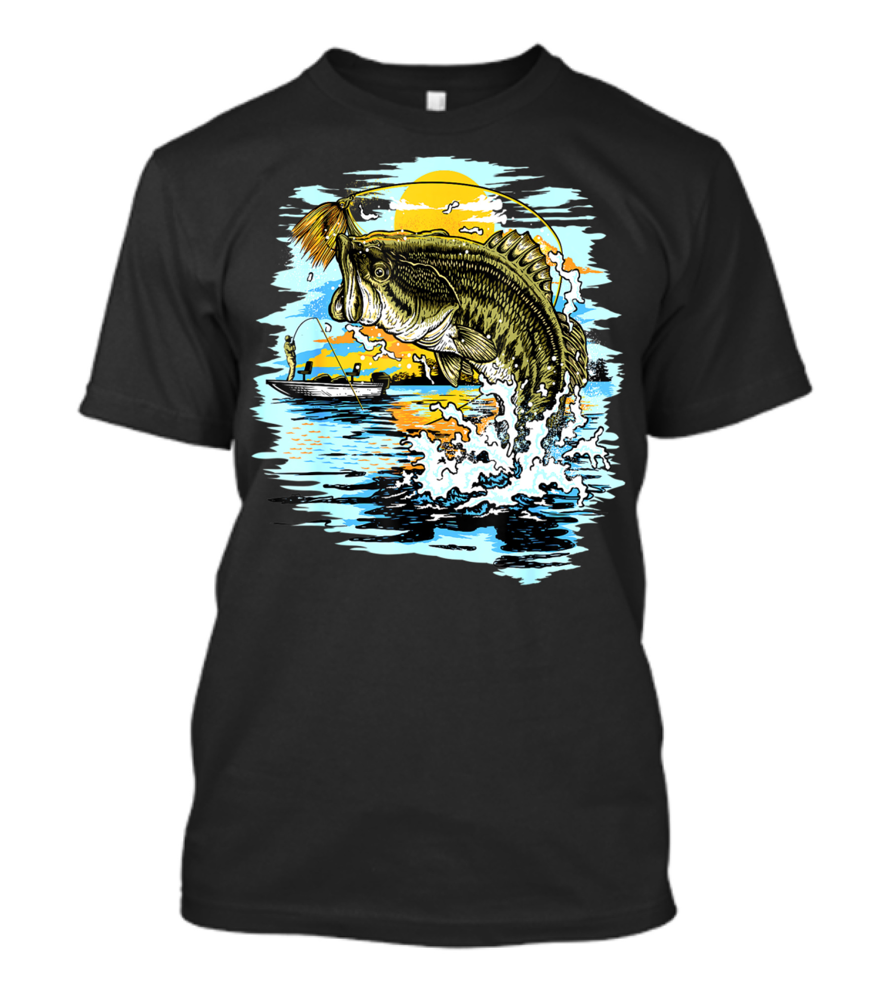 Large Mouth Bass Catching Fly Fishing Adventure In Scenic Lake Sunrise T-Shirt