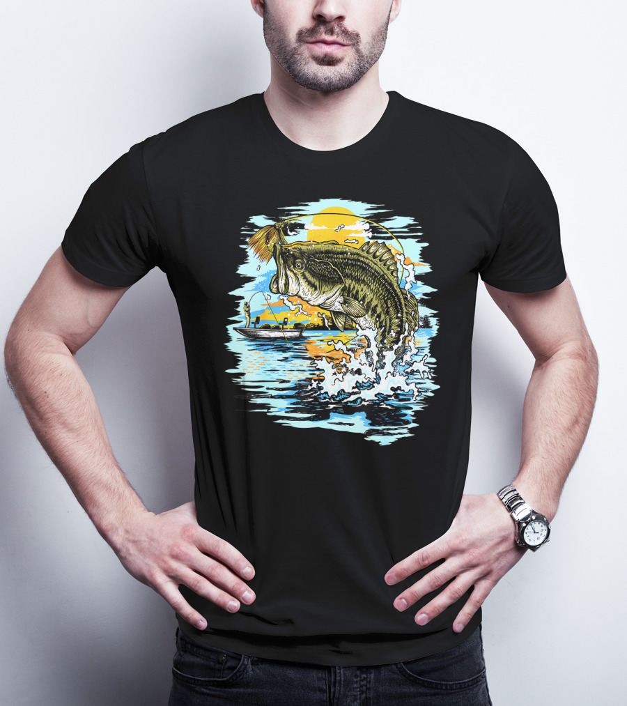 Large Mouth Bass Catching Fly Fishing Adventure In Scenic Lake Sunrise T-Shirt