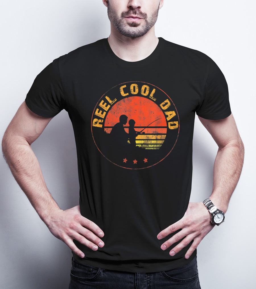 Reel Cool Dad Vintage Sunset Fishing Father And Child T-Shirt