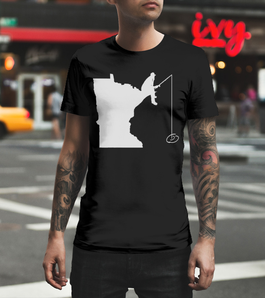 Minnesota Fisherman Fishing Silhouette In State Outline T-Shirt