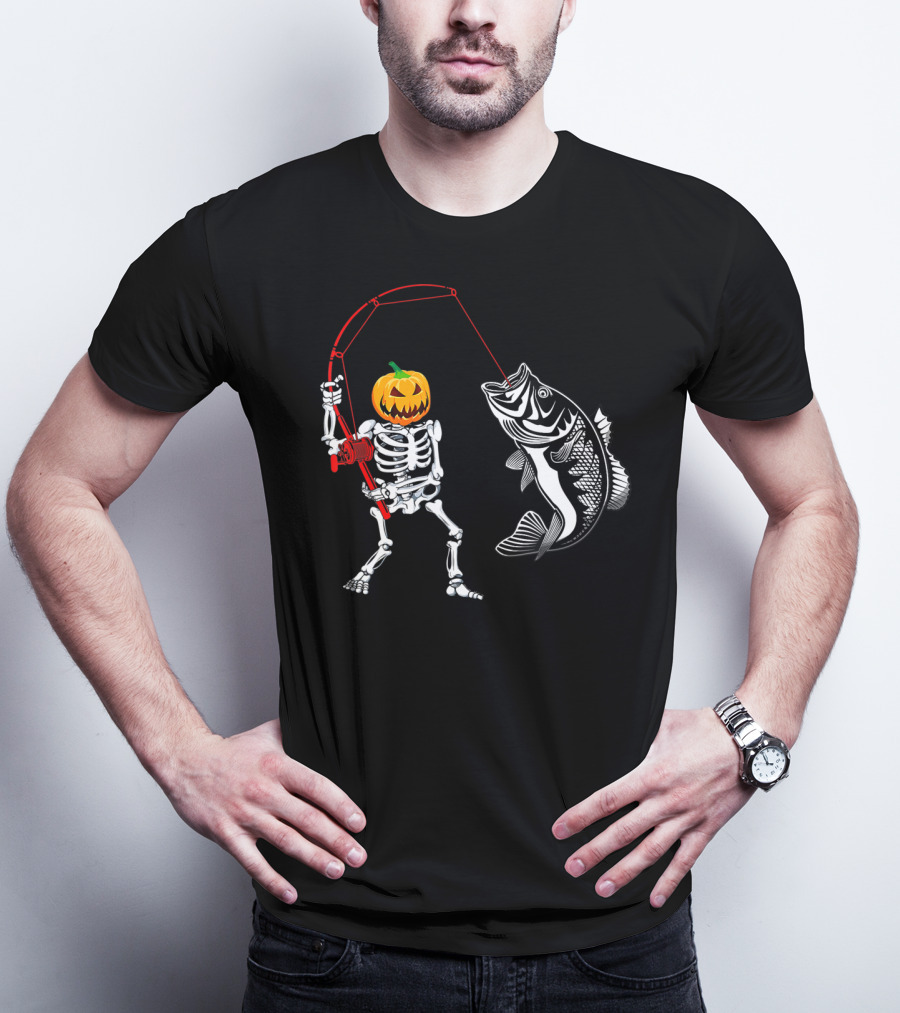 Halloween Pumpkin Skeleton Fishing With Bass Catch T-Shirt