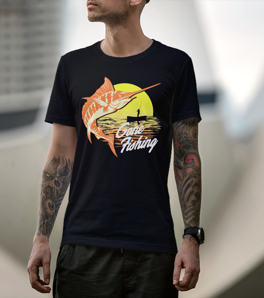 Gone Fishing Swordfish Sunrise Fishing Scene T-Shirt