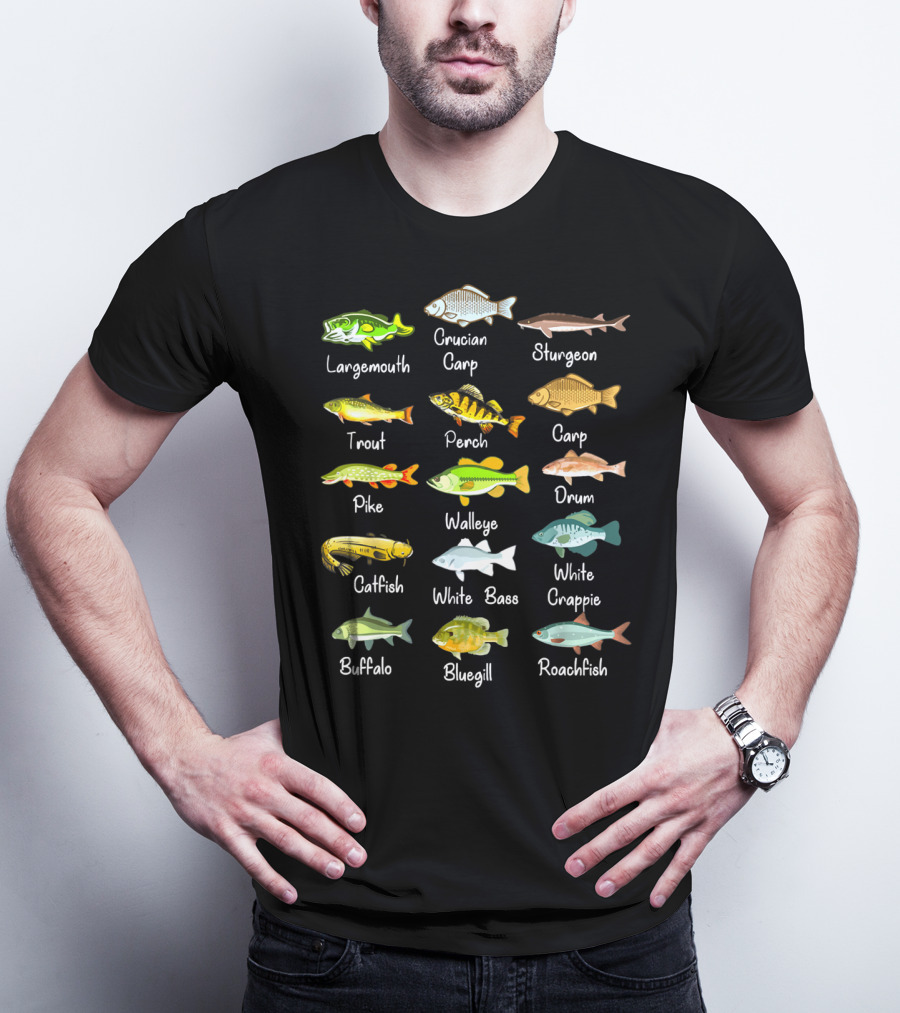 Freshwater Fish Species: Largemouth, Crucian Carp, Sturgeon, Trout, Perch, Carp, Pike, Walleye, Drum, Catfish, White Bass, White Crappie, Buffalo, Bluegill, Roachfish T-Shirt