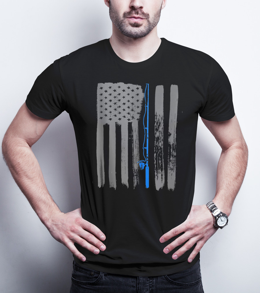 Vintage American Flag Fishing Pole Blue Line T-Shirt