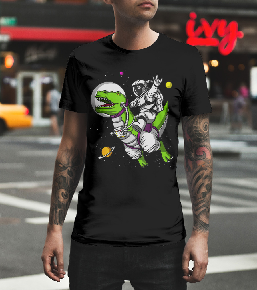 Astronaut Riding TRex Dinosaur In Outer Space With Planets T-Shirt