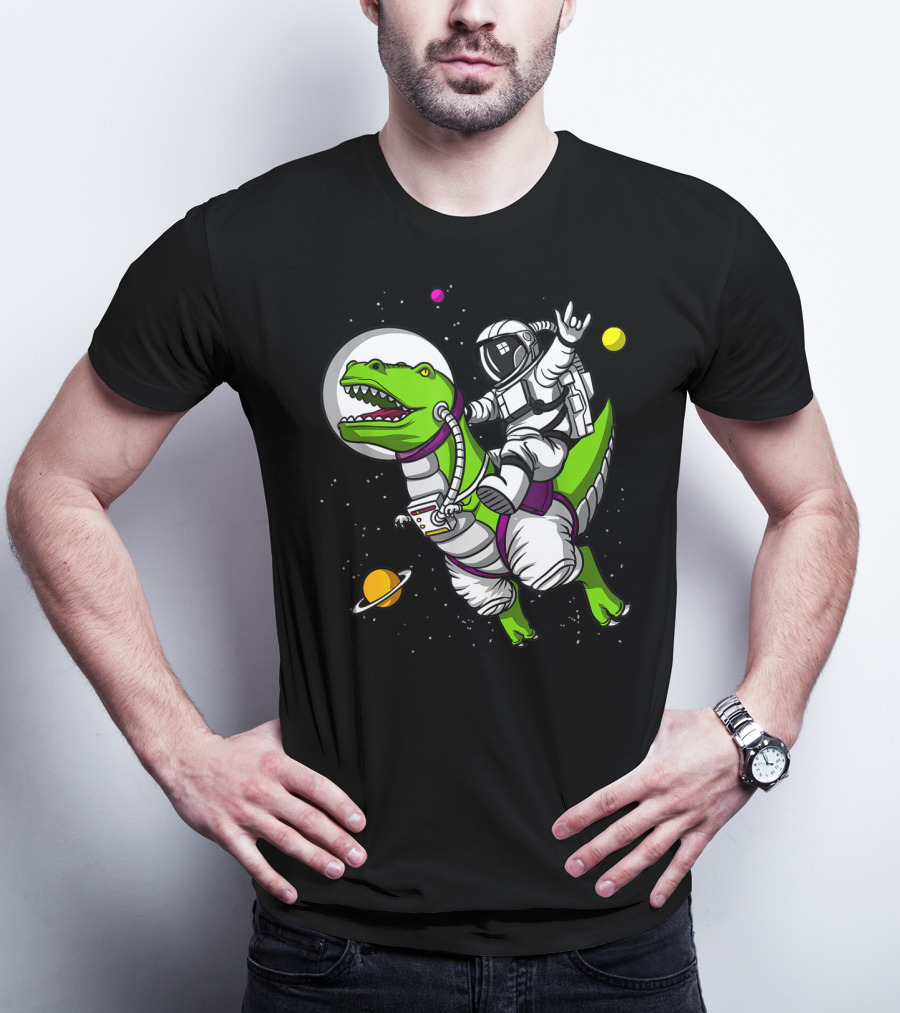 Astronaut Riding TRex Dinosaur In Outer Space With Planets T-Shirt