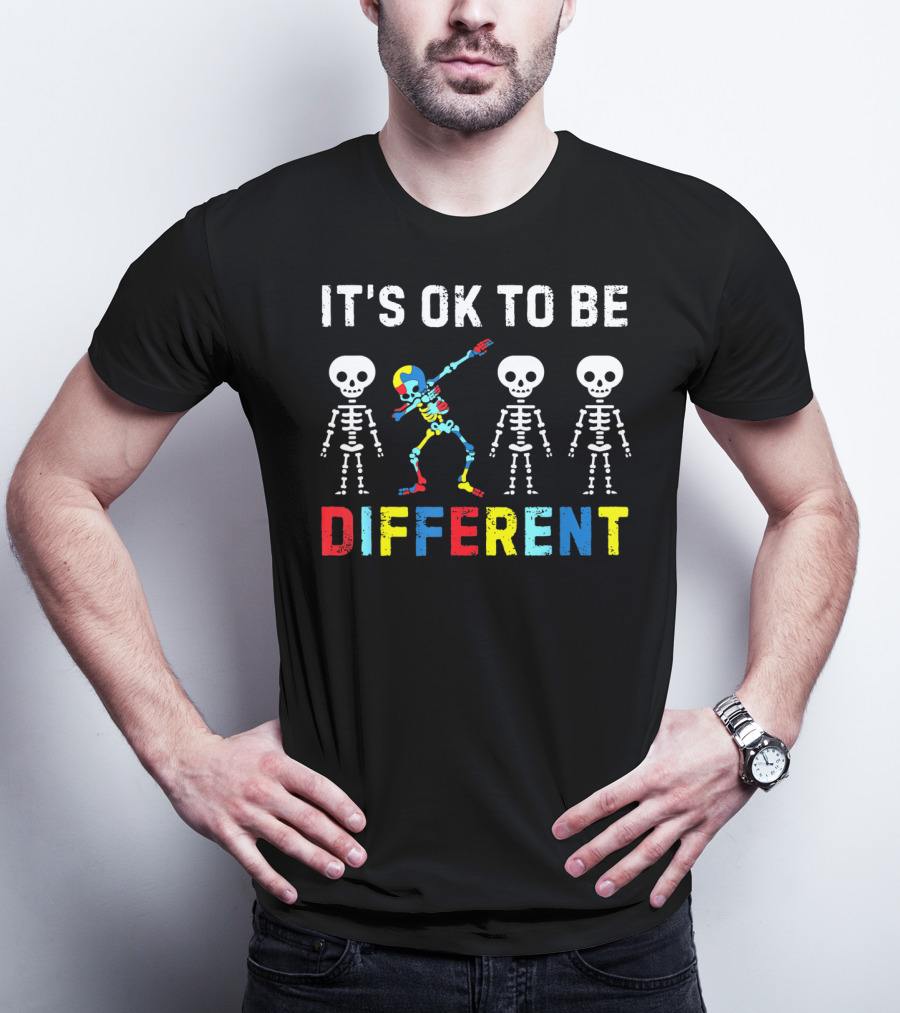 IT'S OK TO BE DIFFERENT Autism Awareness Day Skeleton Dabbing T-Shirt
