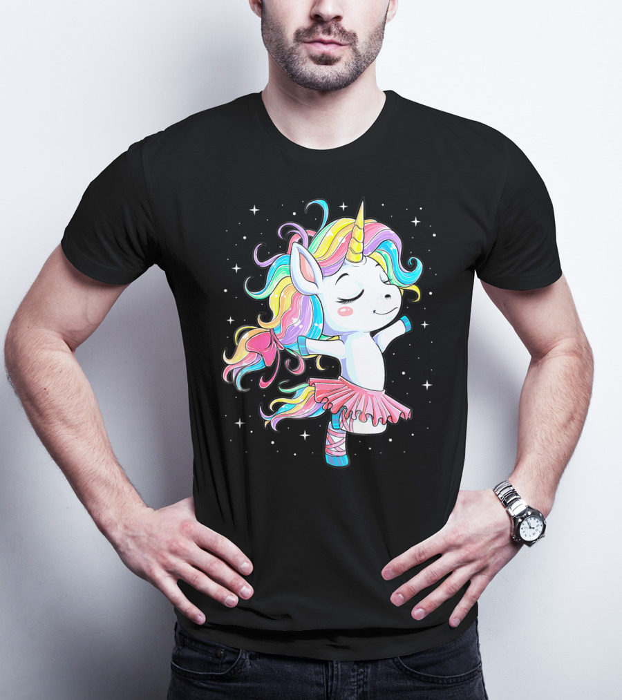 Ballet Dancer Unicorn Kids Girls Rainbow Ballerina Twirling Among Stars T-Shirt