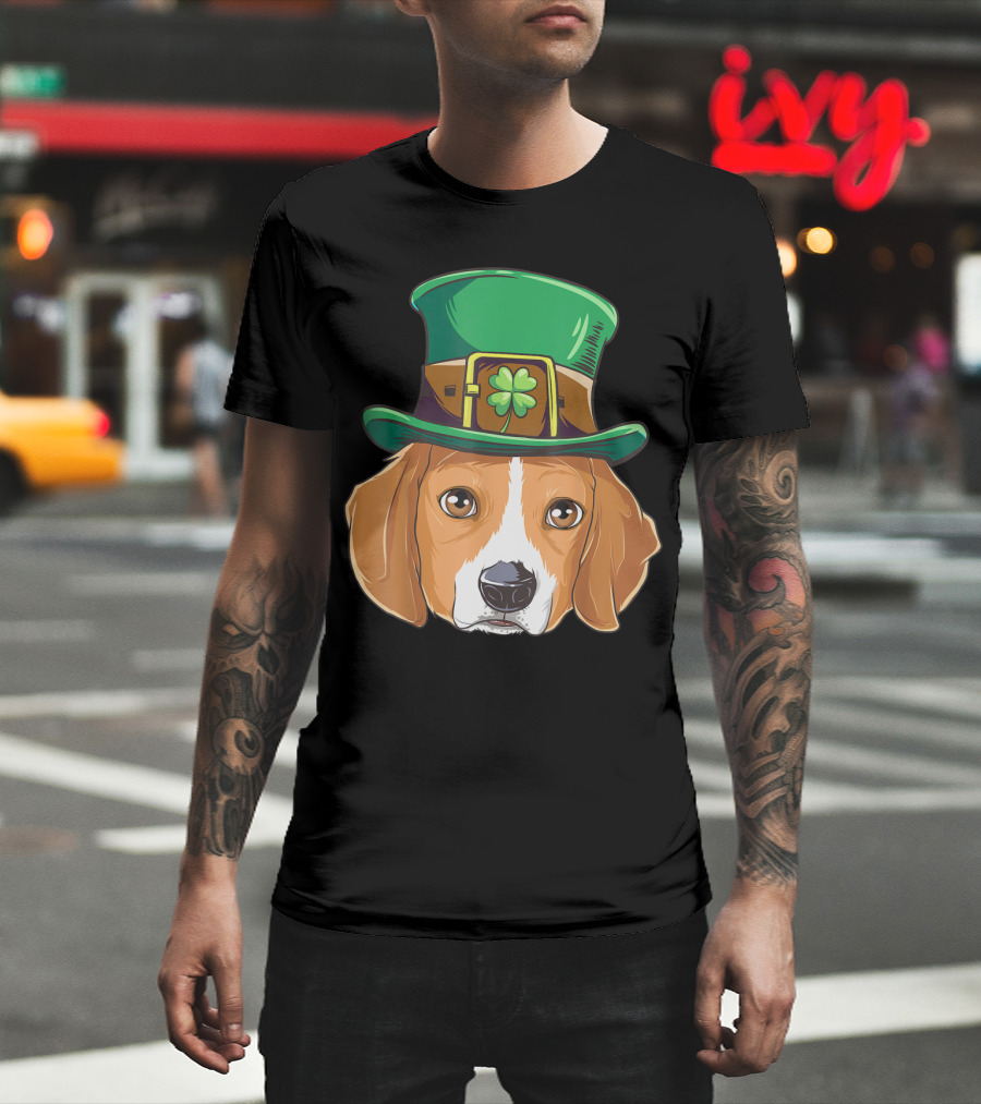 Beagle Wearing Leprechaun Hat With Shamrock T-Shirt