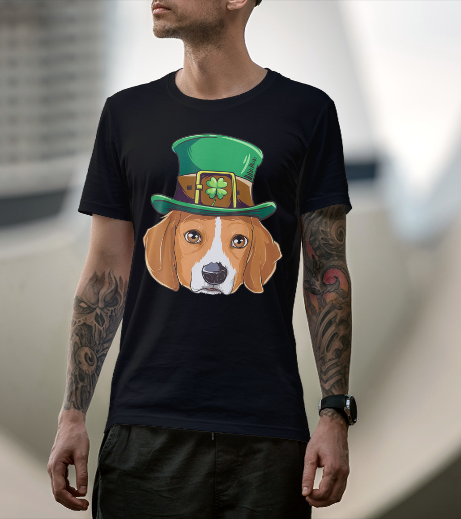 Beagle Wearing Leprechaun Hat With Shamrock T-Shirt