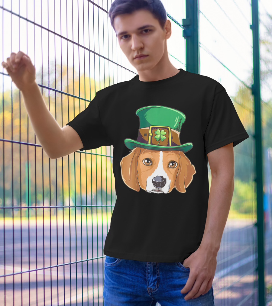 Beagle Wearing Leprechaun Hat With Shamrock T-Shirt